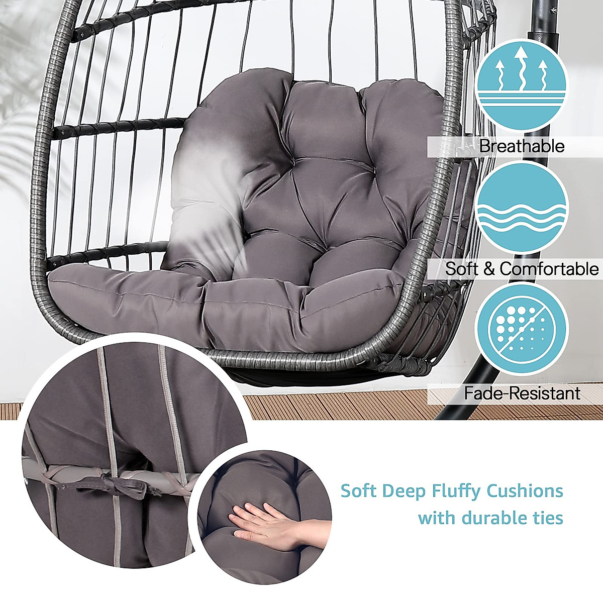 Patiorama Indoor Outdoor Egg Swing Chair with Stand, Patio Grey Wicker Rattan Hanging Chair with Rope Back, Cushion,Cover,All Weather Foldable Hammock Chair for Bedroom, Porch, Garden (Dark Grey)