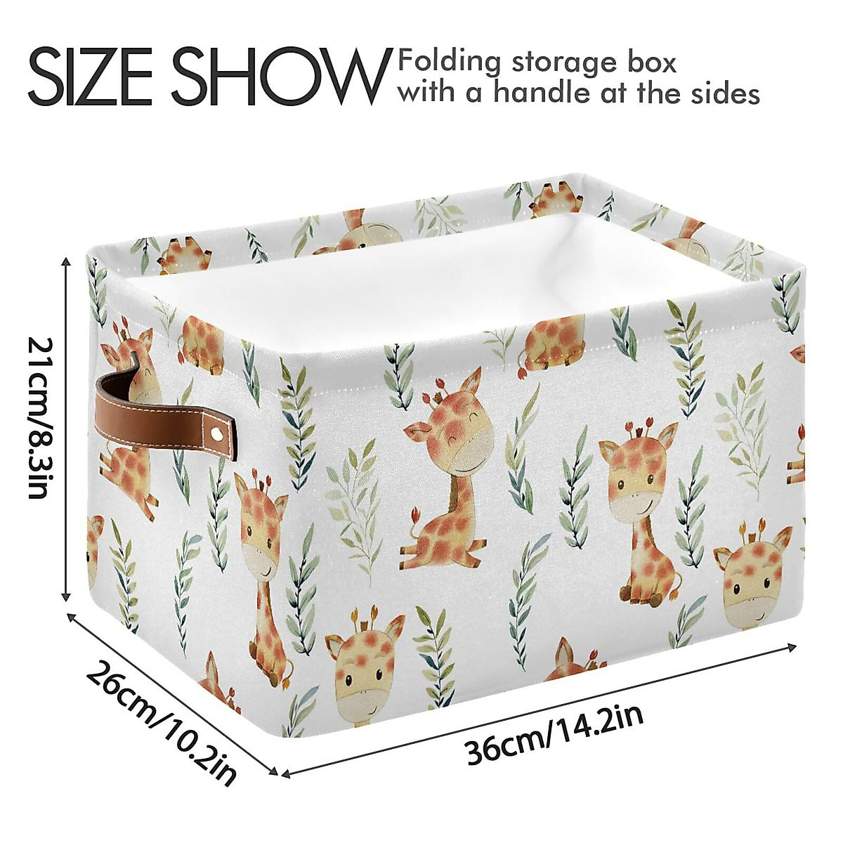 JUMBEAR Giraffe Storage Basket 1 Pack, Collapsible Canvas Rectangular Storage Bin with Leather Handles for Closet, Office, Nursery, Home Decor