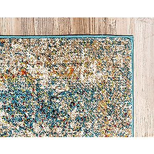 Unique Loom Rosso Collection Vintage, Traditional, Bohemian, Border, Distressed, Southwestern Area Rug, 4' 0" x 6' 0", Blue/Ivory