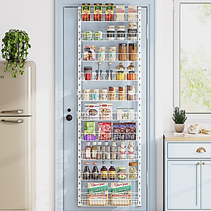 1Easylife Over the Door Pantry Organizer, 10-Tier Adjustable Baskets Pantry Organization, Metal Door Shelf with Detachable Frame, Space Saving Hanging Spice Rack for Kitchen Pantry Bathroom, Off White
