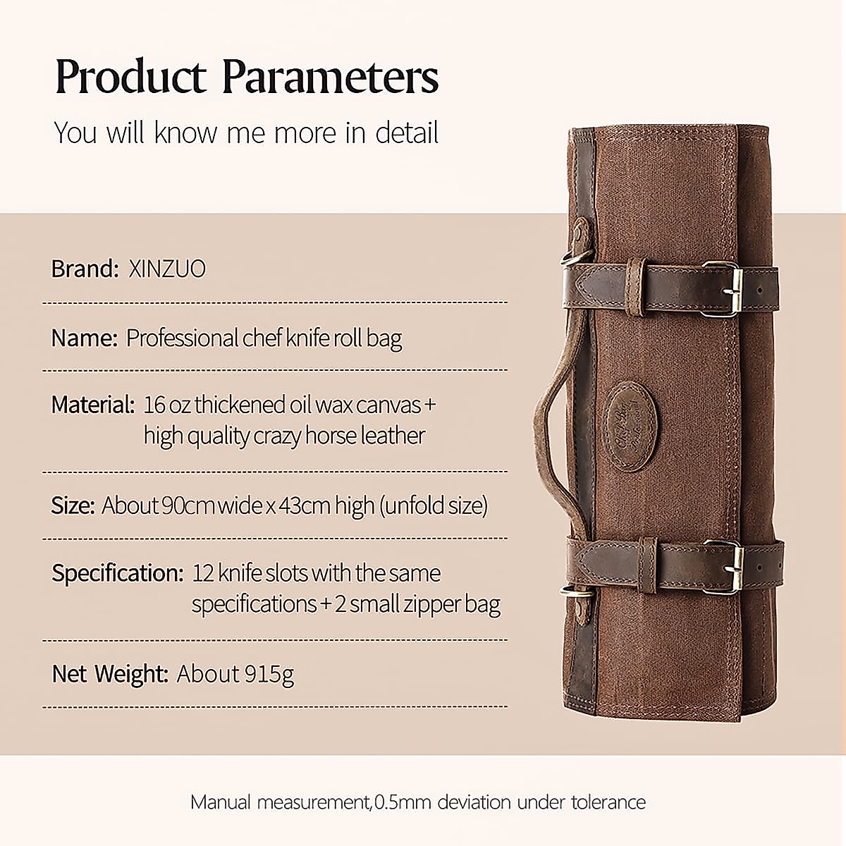 XINZUO Chef Knife Roll Bag-Professional Chef Knife Case-16oz Waxed Canvas and Crazy Horse Leather -With 12 Slots Plus 2 Zipper Pockets to Hold Kitchen Cooking Tools-Travel Tool Roll Pouch(Bag Only)