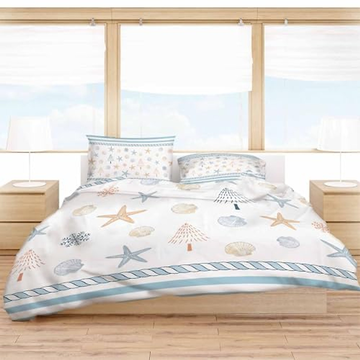 Lsrtoss Coastal Christmas Twin Duvet Cover Set for All Season, Xmas Tree Starfish Beach Blue Striped Microfiber 3 Piece Bedding Set with 2 Pillowcases & 1 Quilt Cover, 68" W x 86" L, Twin Size