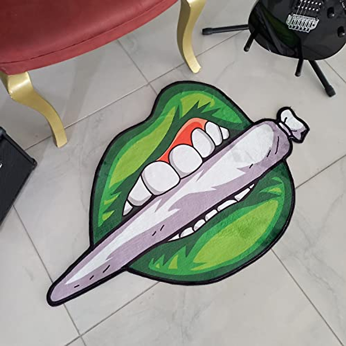 Rugendary Marijuana Lip Rug Smoking Weed Rug Green Soft and Cozy Thick Lip Shaped Carpet for Bedroom Kitchen Living Room Bathroom Area Rug (1.3x2 ft.)
