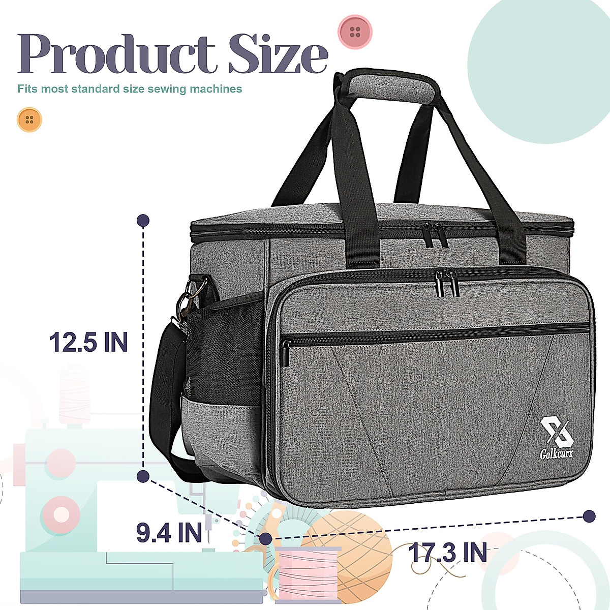 Golkcurx Sewing Machine Case with Removable Padding Pad, Tote Bag for Sewing Machine with Shoulder Strap for Most Standard Singer, Brother, Janome, Grey