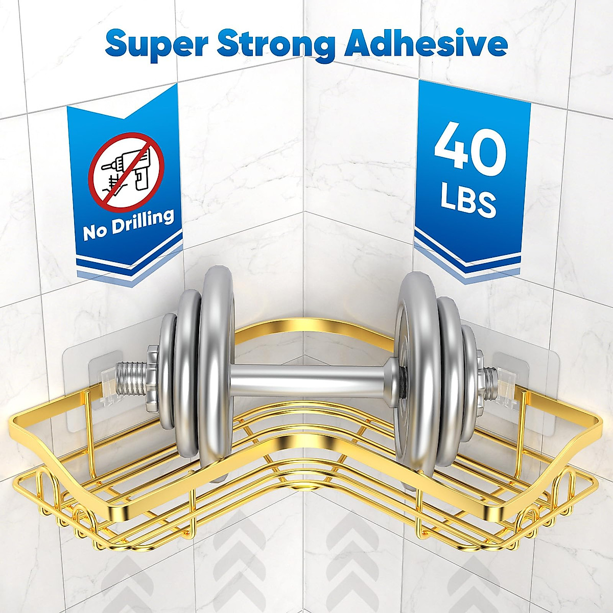 Hsiohe Gold Corner Shower Caddy, Adhesive Shower Organizer for Bathroom Storage, Rustproof Stainless Steel Shower Shelves, No Drilling, Space-Saving Shower Rack Shelf for Inside Shower 5 Pack