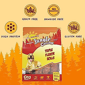 Jungle Calling Triple Flavor Rolls Dog Treats, Made with Real Chicken Duck Beef Meat, Rawhide Free Dog Snacks,Healthy, Easily Digestible, and High Protein Dog Treat, 10.6 oz