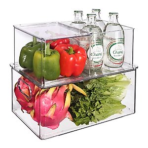 Artendjoon 3 Pack Refrigerator Organizer Bins with Lid, Large Stackable Fridge Organizer Set with Handle, BPA-free Clear Storage Container for Freezer, Cabinet, Pantry Organization