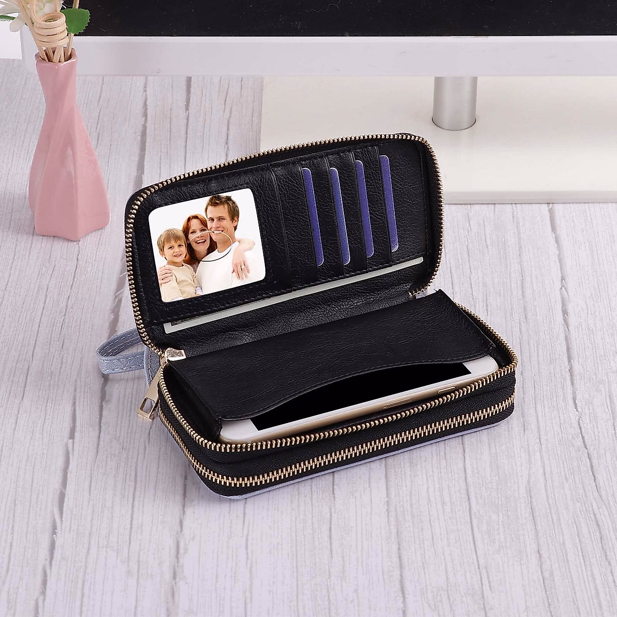 Kamo Womens Wallet Zip Around Phone Wallet Wristlet Travel Long Purse for Women Lady 6.9×3.5（Double Zipper）