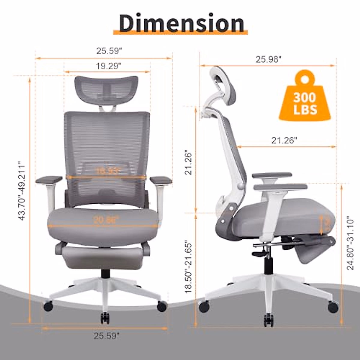 Foldable Ergonomic Office Chair, High Back Desk Chair with Footrest, Mesh Back Computer Chair with 2D Headrest, 2D Armrest, Adjustable Lumbar Support, Soft Sponge Seat, Swivel Task Chair, Gray
