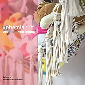 Orkeedu Stuffed Animal Net or Hammock with LED Lights, Large Toy Storage Hooks, Macrame, Cotton Beige