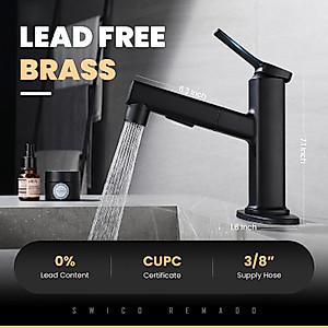 Bathroom Sink Faucet with Pull Down Sprayer, Single Handle Fountain Faucet for Bathroom Modern One Hole Bathroom Faucet (Matte Black)