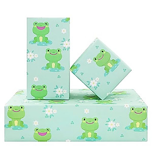 Winterworm Cute Frog Wrapping Paper,Green Birthday Gift Wrapping Paper for Girls Boys,4 Folded Sheets Lotus Leaf Flower Kraft Gift Wrapping Paper for Christmas Baby Shower Kids Gift Wrap,28 * 20 Inch