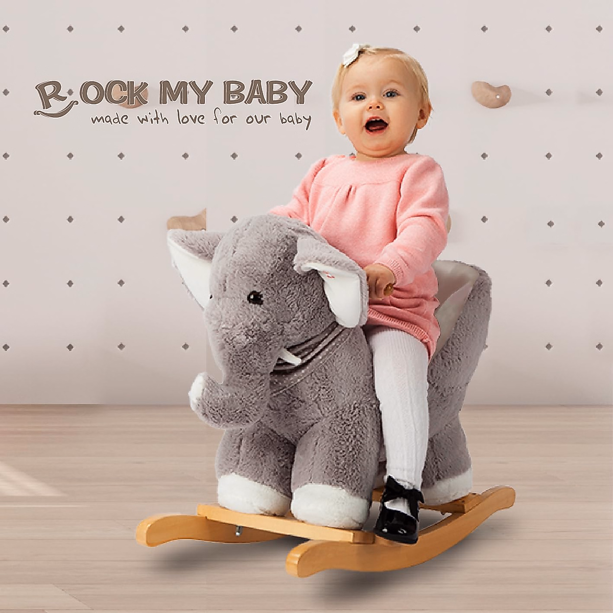Rock My Baby Rocking Horse Elephant with Chair, Plush Stuffed Rocking Animals, Baby Rocker with Sweet Music, Animal Ride on for Girls and Boys 1 Year and up(Gray Elephant),CPC Certified