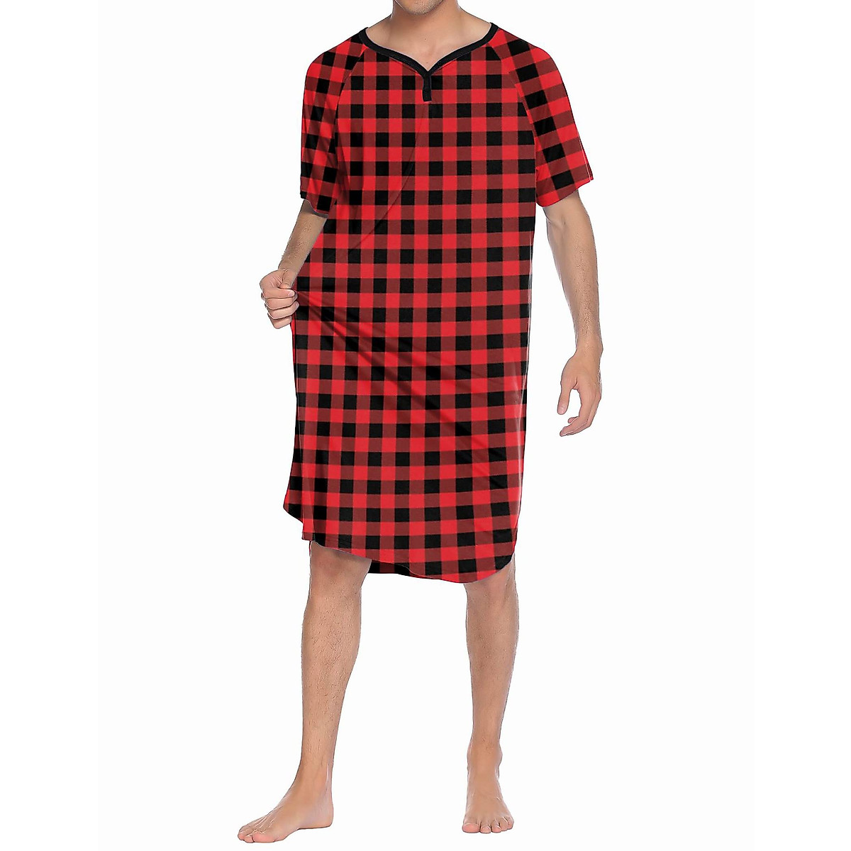 Ekouaer Sleepwear Men's Nightshirt Short Sleeve Pajamas Comfy Big & Tall Henley Sleep Shirt (PAT1,3XL)