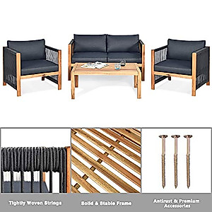 Tangkula Outdoor Wood Furniture Set, Acacia Wood Frame Loveseat Sofa, 2 Single Chairs and Coffee Table, 4 Pieces Conversation Set with Cushions, Garden Balcony Poolside Outdoor Living Set (1, Grey)