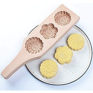 MoonCake Mold Chinese Traditional Mid-autumn Festival Moon Cake Mold 3 Flower Shape Wooden Handmade Baking Mold for Muffin Mooncake Cookie Biscuit Chocolate Pumpkin Pie