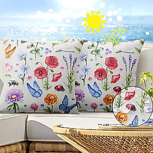 Britown Flower Summer Floral Outdoor Waterproof Throw Pillow Covers 18 x 18 Inch Set of 2, Palm Leaf Pillowcase Square Cushion Case, Farmhouse Garden Decorative Pillows for Couch Beach Patio