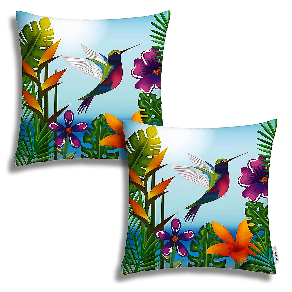 Tropical and Exotic Garden with Hummingbird Design Pillow Cover Soft Square Decorative Pillow Covers for Home Sofa Couch 18" X 18" Set of 2 Outdoor Decorative Pillowcase (2 Pack)