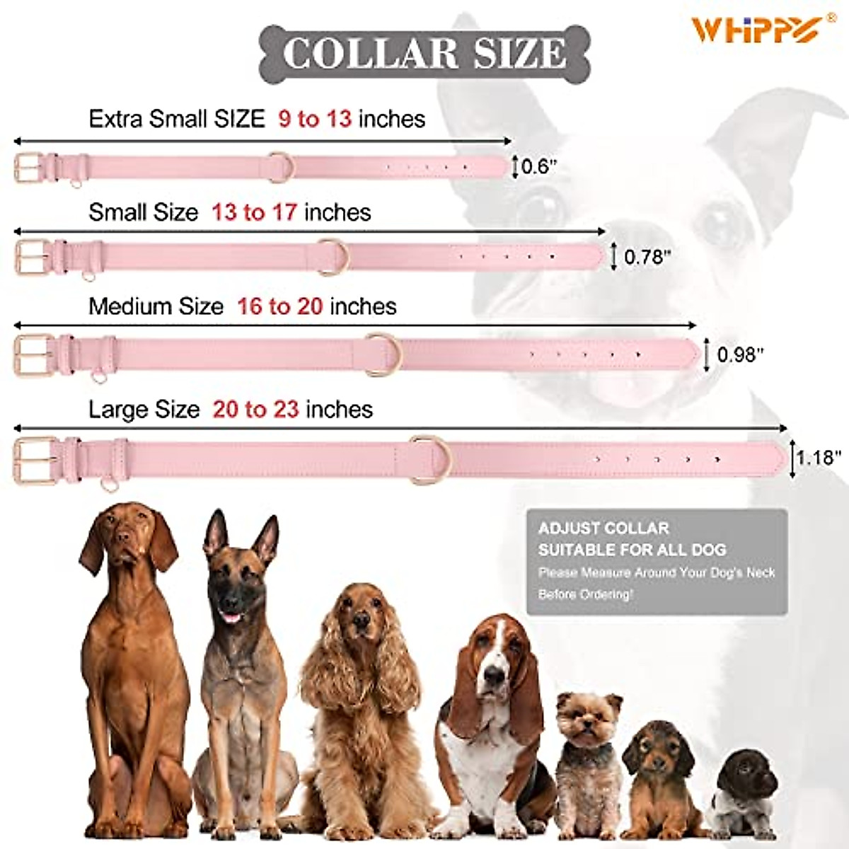 WHIPPY Leather Dog Collar for Small Medium Large Dog Adjustable Soft Breathable Leather Padded Puppy Collar with Alloy Buckle Heavy Duty Waterproof Classic Dog Pet Collar,Pink,M