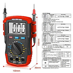 HOLDPEAK Digital Multimeter HP-37A, Tester Amp Ohm Capacitor Tester Battery Test, with Auto Backlit Manual Ranging for DC & AC Voltage, Resistance, Temperature, Positive Diode Voltage ℃ Reading (Red)