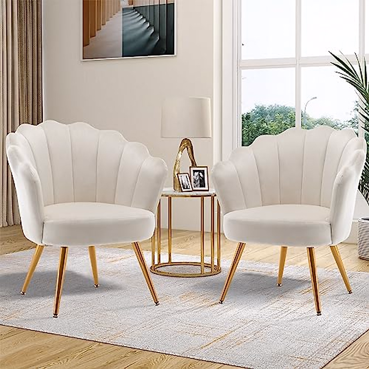 Alunaune Mid Century Velvet Living Room Chair Accent Chairs, Upholstered Vanity Chair for Makeup Room, Modern Barrel Arm Chair Guest Leisure Chair Comfy for Bedroom-Ivory
