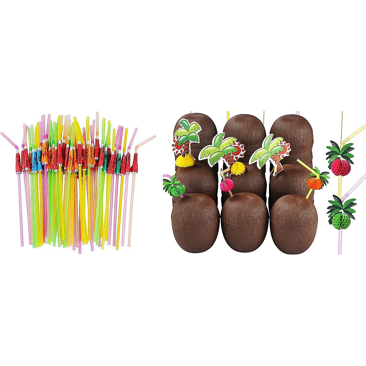 ALINK 50 Luau Umbrella Straws + 54-Pack Coconut Cups with Straws and Cocktail Picks