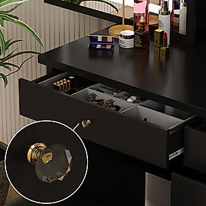 Hitow Vanity Desk Set with Sliding Lighted Mirror, Makeup Vanity with Drawer & Shelf, Dressing Table with Cushion Stool & Hidden Storage for Bedroom, Black