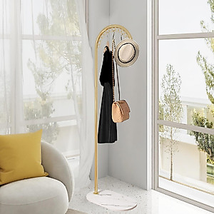 CQAEBK Metal Coat Rack Freestanding, Entryway Clothes Hanger Stand with 15 Hooks & Marble Base, L Shaped Garment Display Rack for Living Room Retail Bathroom, Gold/White, 19.7x11.8x63.8in
