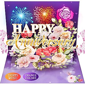FITMITE Anniversary Card, Music & Light Pop up Valentine's Card with Fireworks Flowers Gifts for Him Her Husband Wife Couple-Purple
