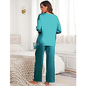 Bloggerlove Silk Pajamas for Women Long Sleeve Satin Loungewear Two-Piece Sleepwear Pullover Pj Set Outfit Green