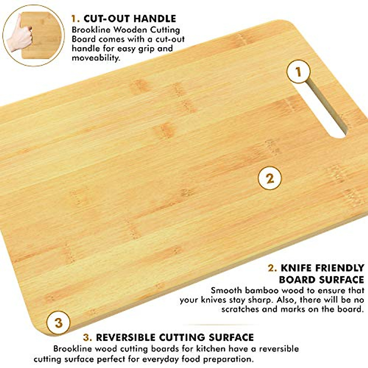 Brookline Wood Cutting Board Set - Extra Thick 3 Charcuterie Boards - Made from Organic Bamboo - Used for Cooking, Meat, Cheese and Vegetable Chopping