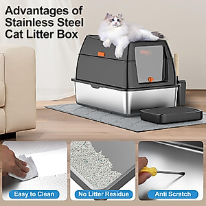 Stainless Steel Litter Box with Lid,Front Entry Top Exit Kitty Litter Box,Extra Large Enclosed Metal Litter Box with Litter Scoop & Litter Mat-Black