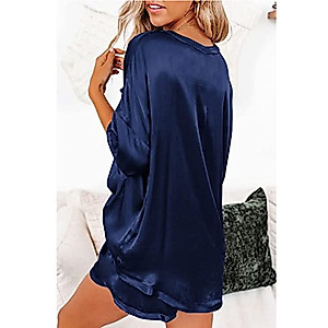 BEKOFO Women's Silk Satin Pajamas Two Piece Pj Sets Crewneck Short Sleeve Tops and Shorts Sleepwear Loungewear Silky Pjs Gift for Women Navy Blue Small