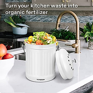 VIVOSUN Indoor Compost Bin, 1.3 Gallon Stainless Steel Compost Bucket with Lid for Kitchen Food Waste - Includes 2 Charcoal Filter, White
