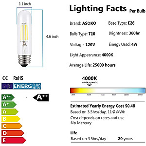 T10 LED Bulbs Daylight 4000K LED Tubular Edison Light Bulbs 4W Dimmable Tube Vintage Led Bulbs 40 Watt Equivalent,E26 Medium Base, LED Filament Retro Bulb for Desk Lamp, (6-Pack), 6 Count (Pack of 1)