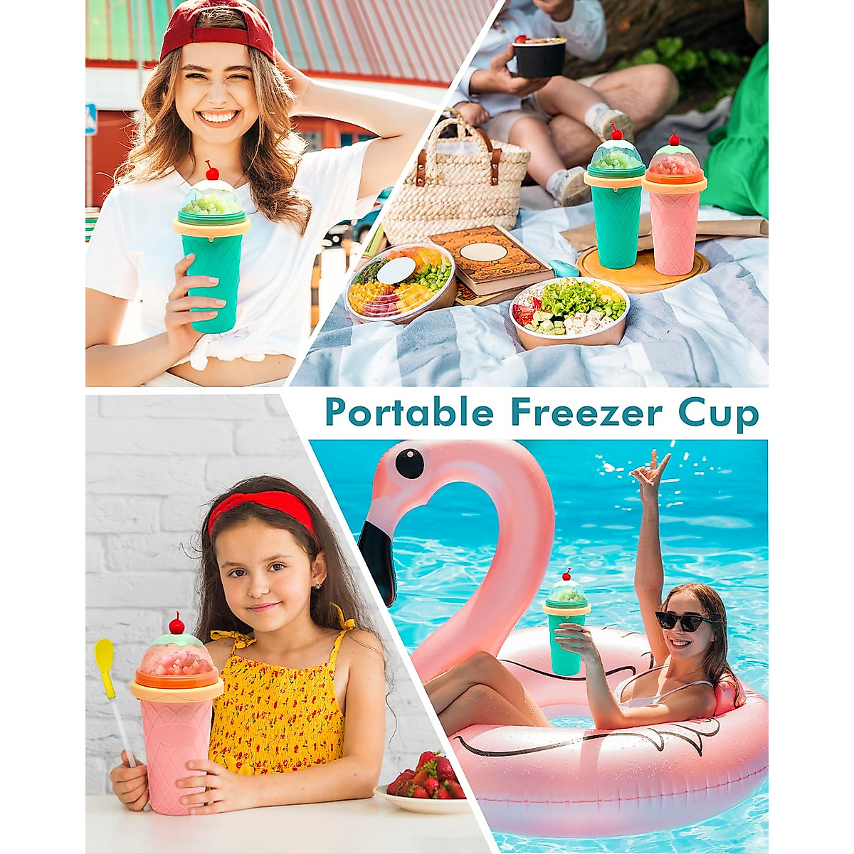 Slushie Cup, Smoothie Cups with Lids & Straws, Slushy Cup for Juices, Milk and Ice Cream Make, Portable Frozen Magic Slushie Cup Maker for Kids, Friends and Family (Pink)