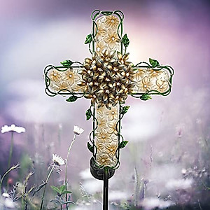 JOYBee 38Inch Cross Solar Garden Lights Outdoor Decorative-Solar Metal&Glass Cross Apricot Hydrangea Flower Stake Lights- Waterproof 20 Warm White LEDs for Remembrance Gifts & Sympathy Gifts.