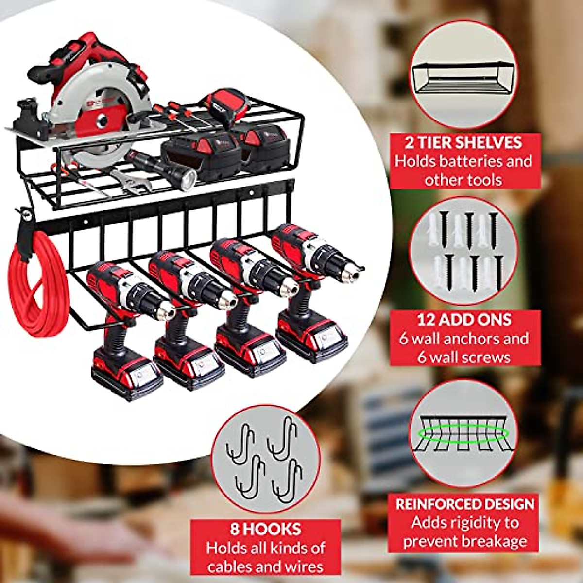 SHARPBEA Power Tool Organizer Drill Holder for Garage Organization & Drill Storage | Garage Tool Organizers and Storage with Garage Storage Shelves & Drill Holder Wall Mount Storage Rack Drill Rack