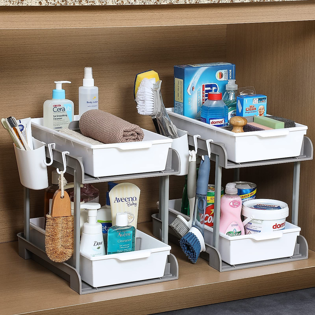 2 Tier Slide Out Under Sink Organizers and Storage with Removable Dividers - Undersink Cabinet Drawers for Bathroom, Kithcen Cleaning and Organization - Multiuse Home Pull Out Organizing Tray, 1 Set