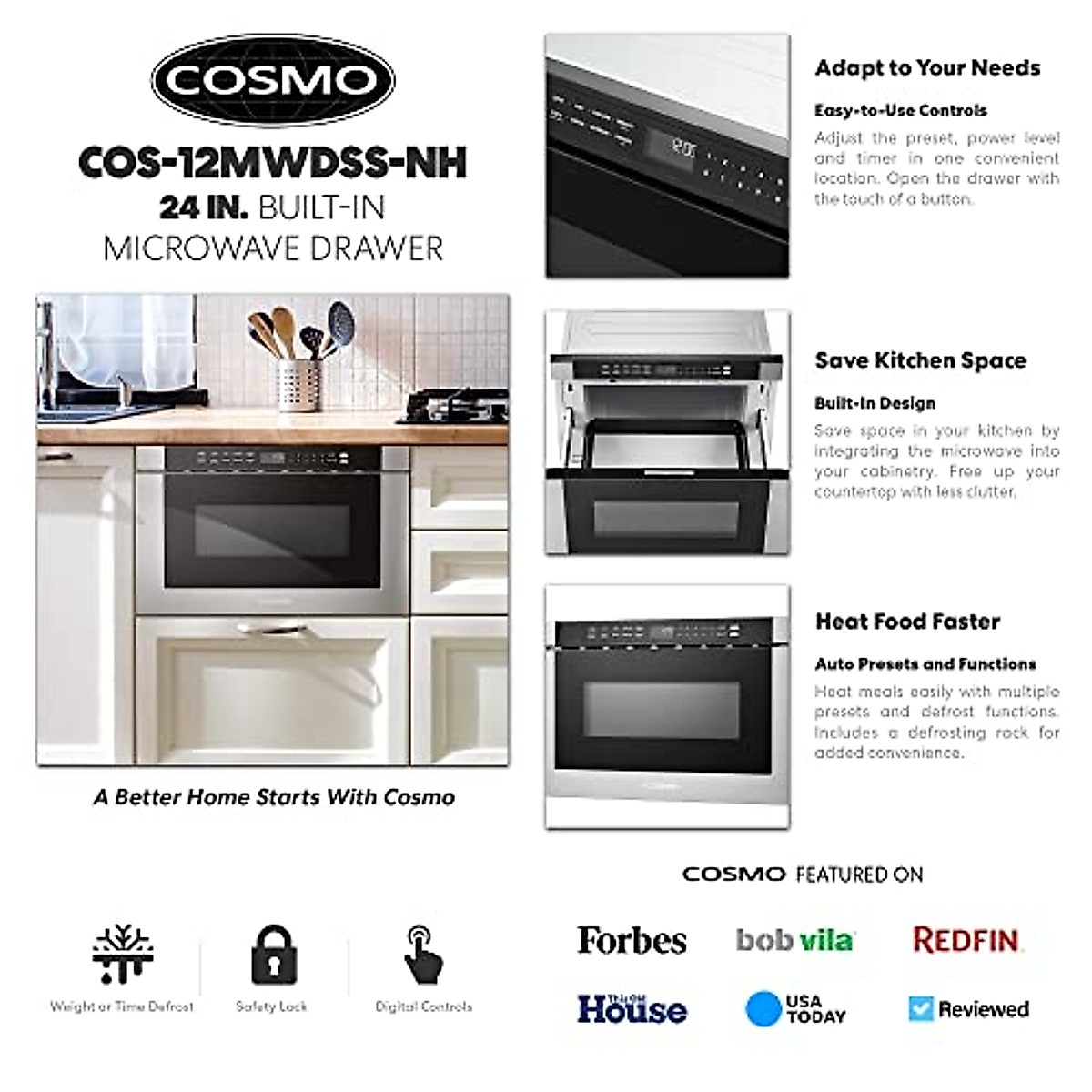 COSMO COS-12MWDSS-NH 24 in. Built-in Microwave Drawer with Automatic Presets, Touch Controls, Defrosting Rack and 1.2 cu. ft. Capacity in Stainless Steel