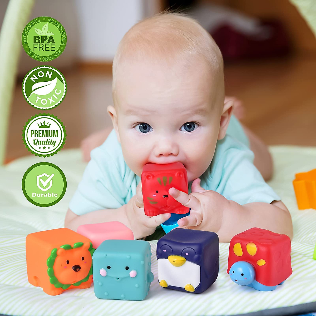 Soft Stacking Blocks for Baby, 12 PCS Soft Blocks Cube Bath Toys Squeeze Water Toys Building Blocks for Toddlers