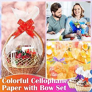 Tenceur 49 Pcs Easter Colored Transparent Cellophane Wrap Set 4 Rolls 15.8" x 98.4ft Cellophane Wrap Roll 40 Colorful Pull Bows 4 Roll 33ft Ribbon Cutter for Easter Gift Baskets DIY(Fresh Color)