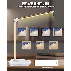 Lichamp Dimmable LED Desk Lamp with USB Charging Port, Touch Control Foldable Gooseneck Free Rotation Adjustable Eye Care Table Lamp, Bedside Reading Light with UL AC Adapter (Gold)