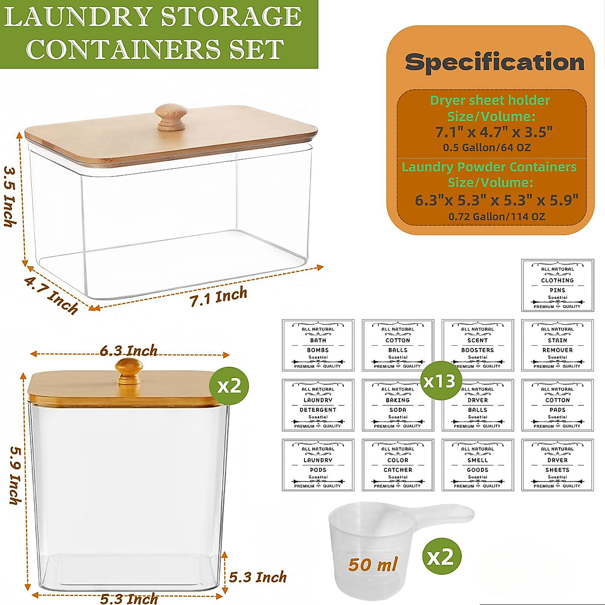 3 Pack Laundry Pods Container & Dryer Sheet Holder, Square Plastic Laundry Room Organization Storage Containers with Lids, 13 Labels & Scoops for Powder, Scent Booster, Pods, Beads, Bath Bombs, Soap