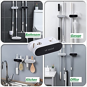 Mop and Broom Holder,Broom and Dustpan Hanger Holder Wall Mount Waterproof Heavy Duty Self Adhesive Gripper No-Drilling,Space Saver Tool Organizers For Kitchen,Garage,Bathroom,Laundry Room (Black)