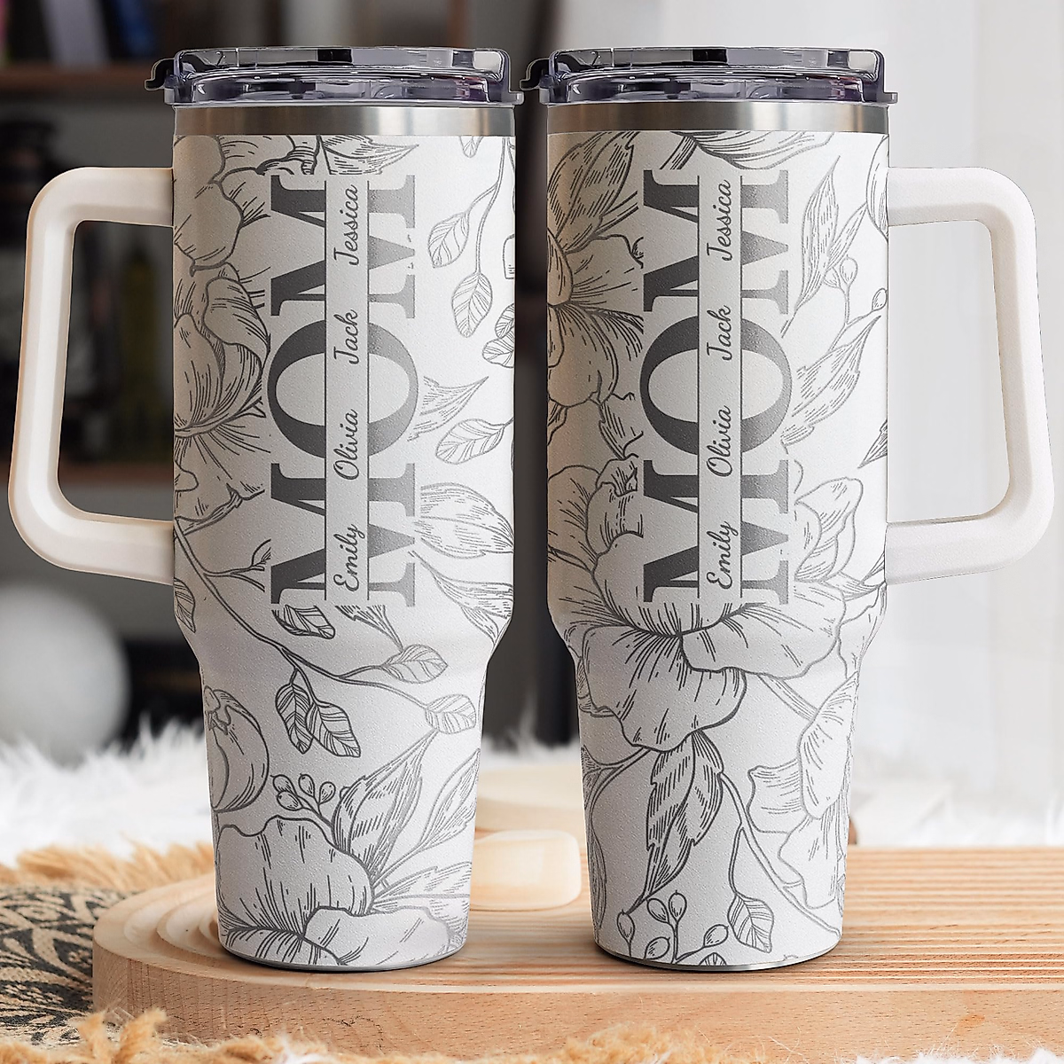 Pandzee Personalized Engraved 40oz Tumbler, Custom Kids' Names Tumbler, Floral Mom Mother's Day Gifts, Gift for Grandma Grandmother