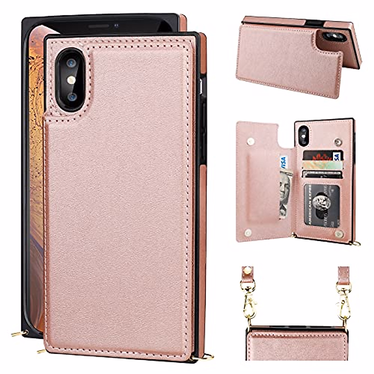Bocasal Crossbody Wallet Case for iPhone Xs Max Credit Card Holder PU Leather Kickstand Shockproof Detachable Cross Body Strap Lanyard Magnetic Closure 6.5 inch(Rose Gold)