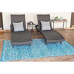 Stylish Camping 255083 5-feet by 8-feet Reversible Mat, Plastic Straw Rug, Large Floor Mat for Outdoors, RV, Patio, Backyard, Picnic, Beach, Camping - Leaf Mat (Turquoise/White)