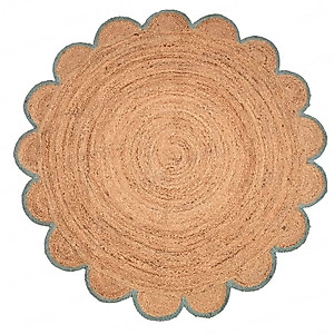 4x4, 5x5, 6x6, Natural Jute Scallop Round Rug, Floor Scalloped Edge Rug Braided Boho Eco Large Circular Handmade Area Rugs (6x6 Ft Round Rug)