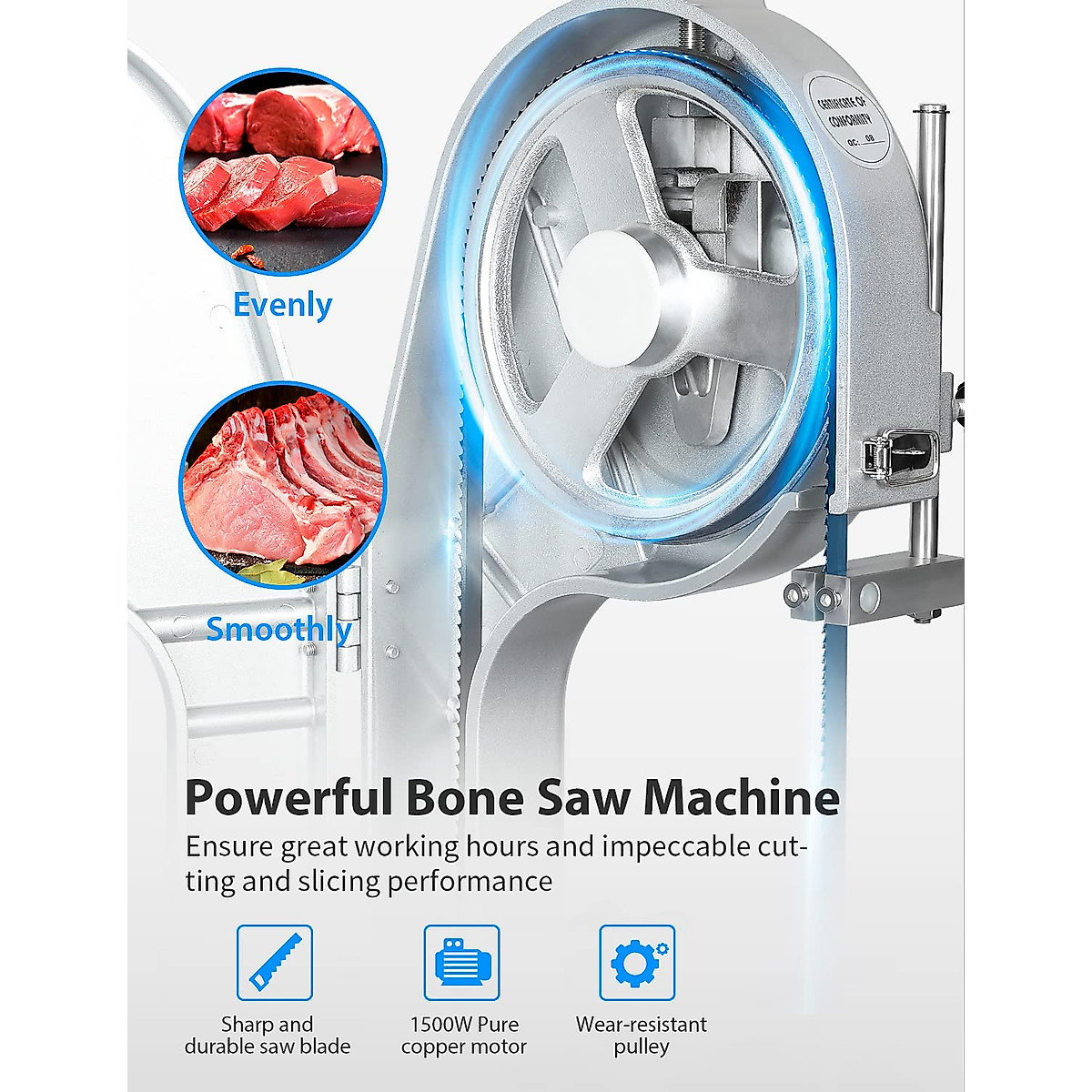 1500W Electric Bone Saw Machine, 0.8-5.9 Inch Cutting Thickness,2.6HP Frozen Meat Cutter 110V Commercial Bandsaw Machine, 20x15in Table Sawing for Chicken Fish Trotter Beef, Equipped with 6 Saw Blades